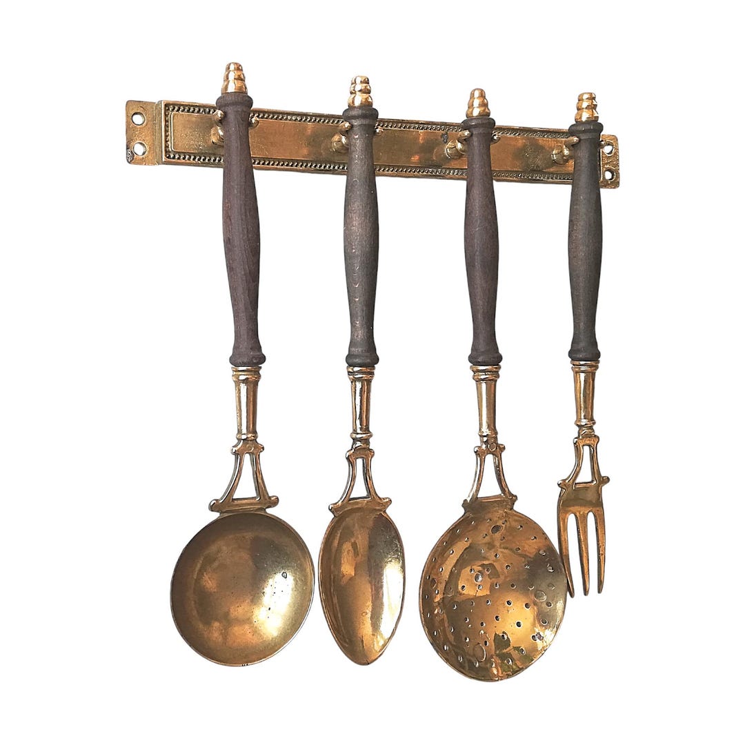 Set 4 Vintage Kitchen Solid Brass Utensils on Wall Rack, Vintage ...