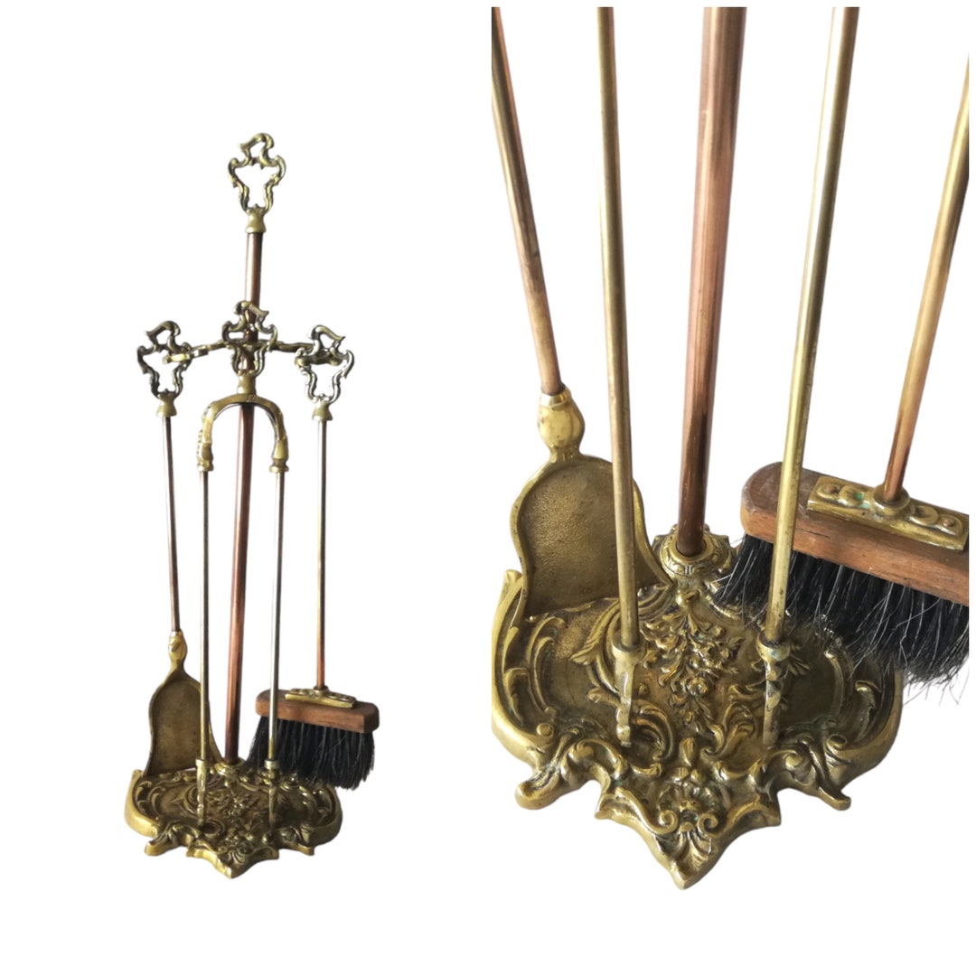 Antique Solid Brass Fireplace Set Tongs Brush Shovel and Stand in ...