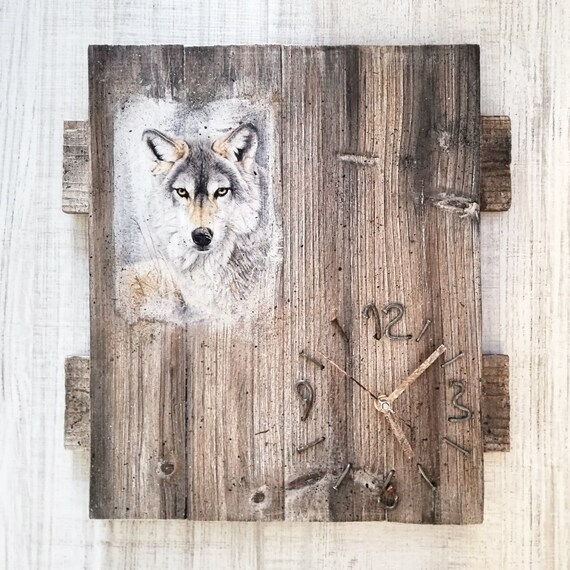 Wood Wall Clock Wolf Office Gift Wolf Lovers Pallet Reclaimed | Etsy