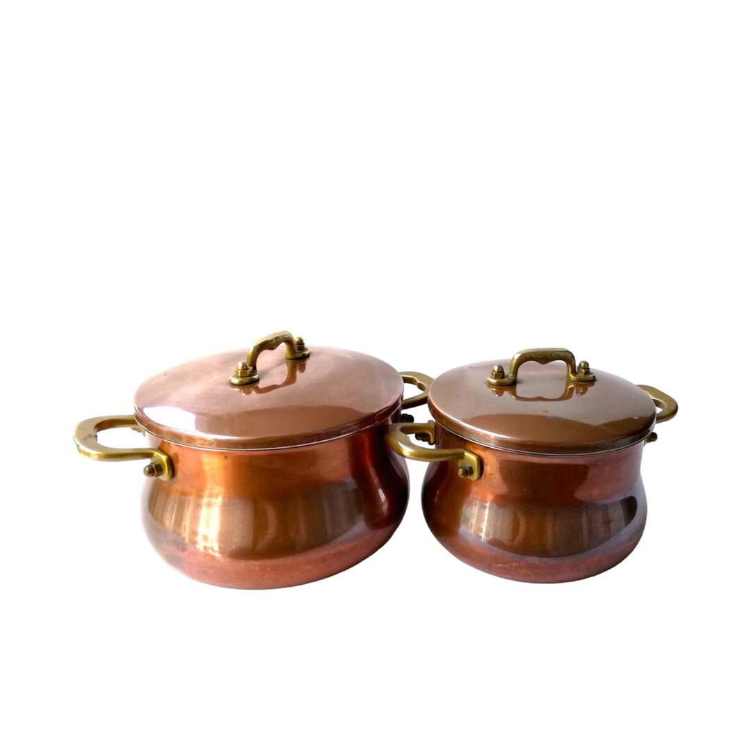 Vintage Set 2 Copper Cooking Pots With Brass Handles, Copper Cookware ...