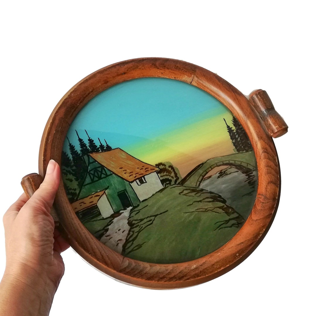 Vintage German Hand-painted Wood & Glass Serving Tray | Farm Landscape ...