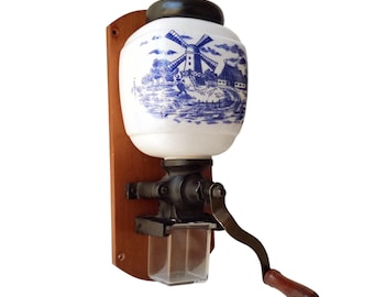 Vintage 50's Dutch Coffee Grinder Delft Blue Wall Mounted Wood Metal ...
