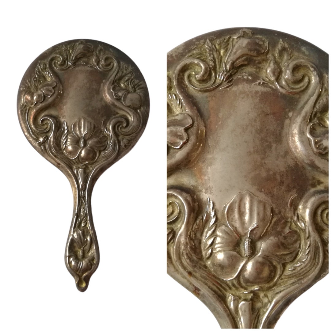 Antique Pewter Silver Plated Hand Mirror Art Nouveau Mirror With Lilies ...