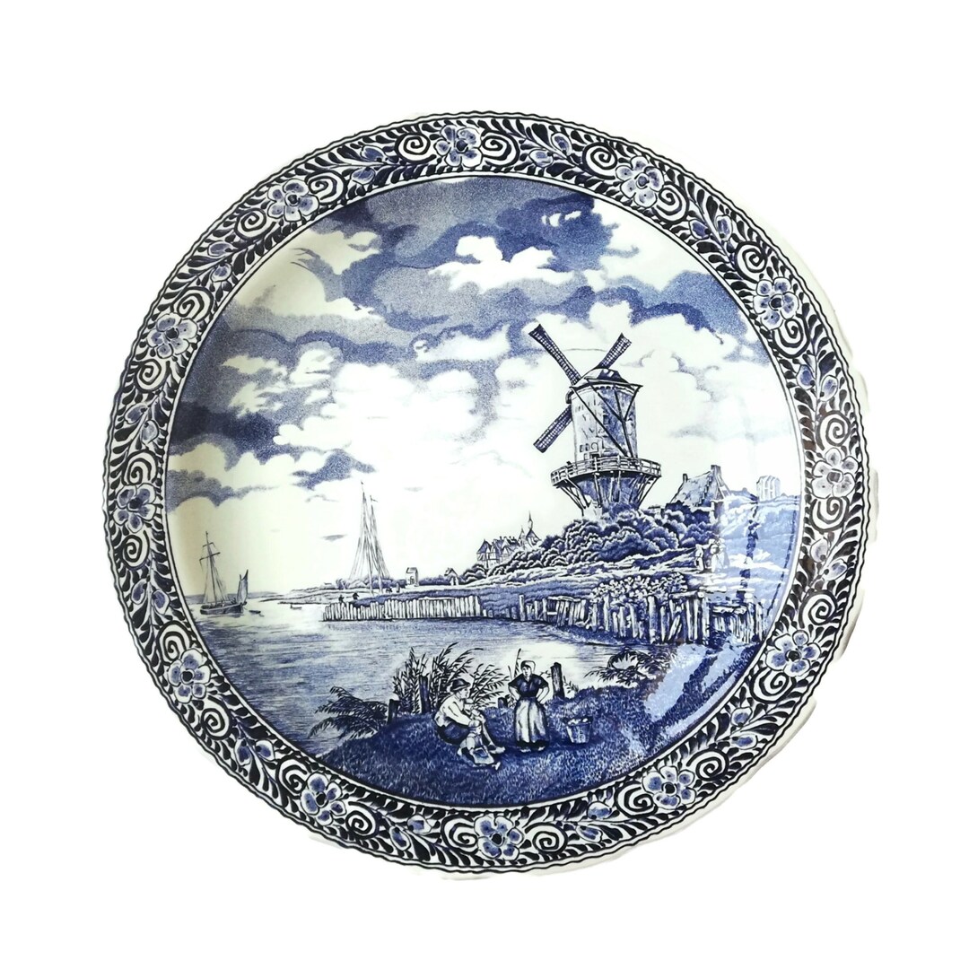 Vintage Large Decorative Plate Delfts Boch Belgium 15 1/4" Blue & White ...