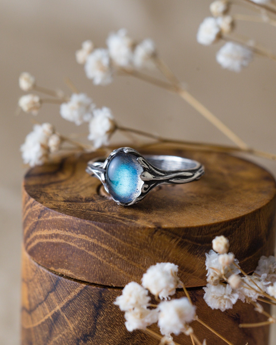 Labradorite Engagement Ring “anuu”, Sterling Silver Leaf Ring, Nature ...