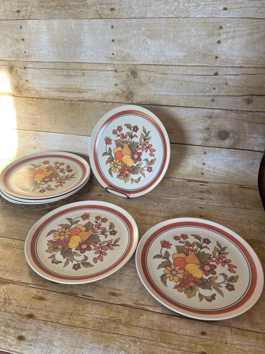 Vintage 8-piece Melmac Plate Set - Harvest Colors, Fruit and Flowers ...
