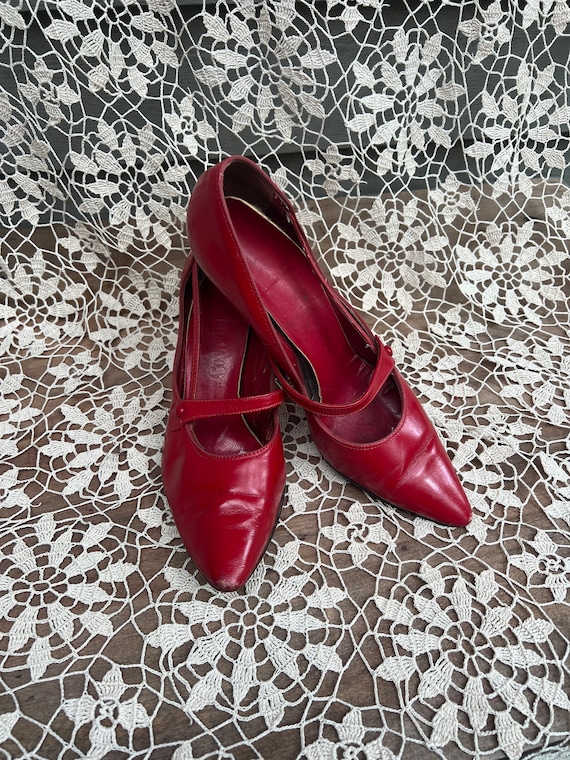 1970s Cherry Red Pumps L. Bruner Stiletto Leather Sli… - Gem