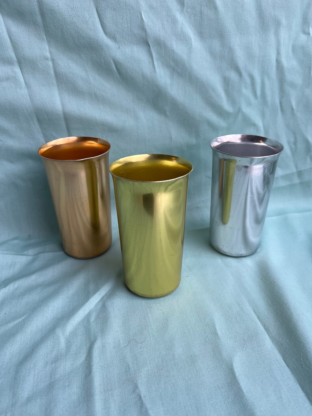 3 Vintage 1960s Sunburst Aluminum Cups Mid Century gold, Silver, Copper ...