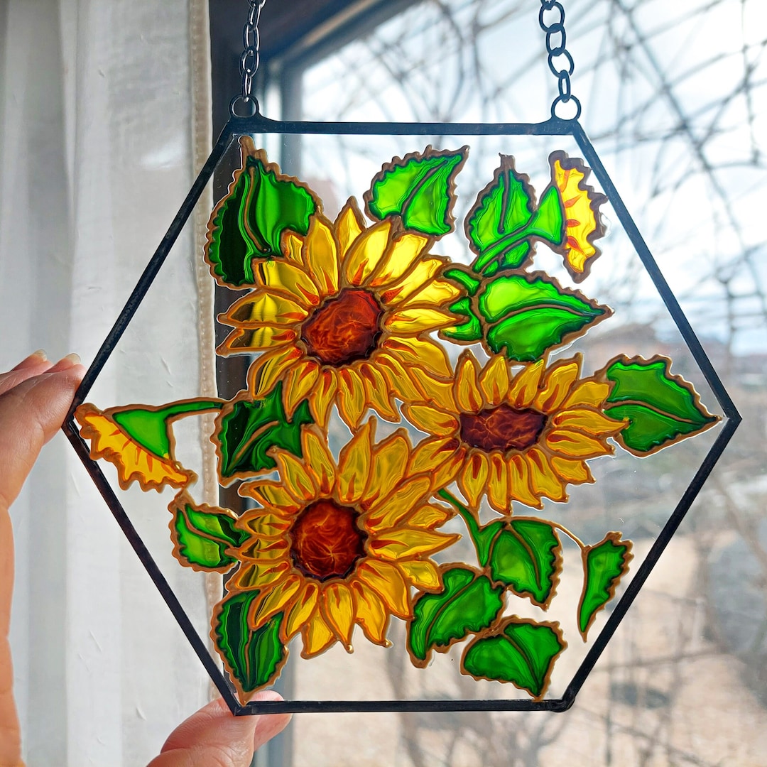 Sunflowers Stained Glass Suncatcher. Hand-painting on Glass. Flowers ...