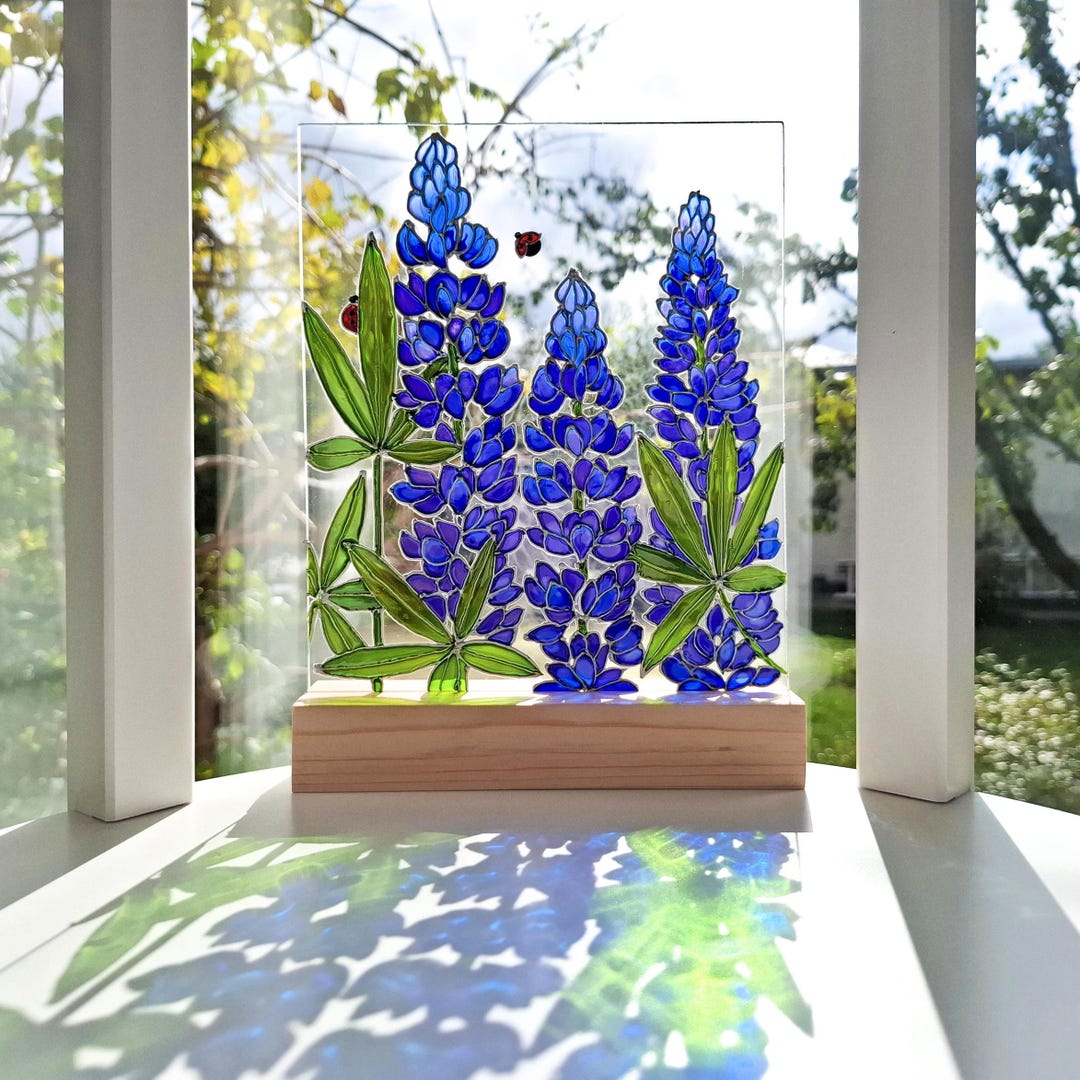 Texas Bluebonnet Suncatcher on a Wooden Stand. Hand Painted Wildflowers ...