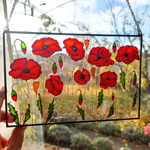 Red Poppy Stained Glass Hand-painted Suncatcher. Flower Window Hanging ...
