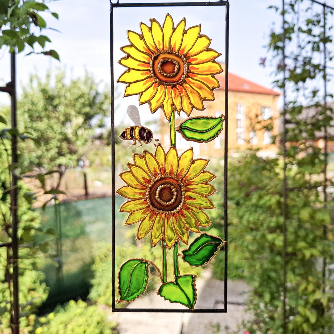 Sunflowers Window Stained Glass. Hand Painting Window Hanging. Yellow ...