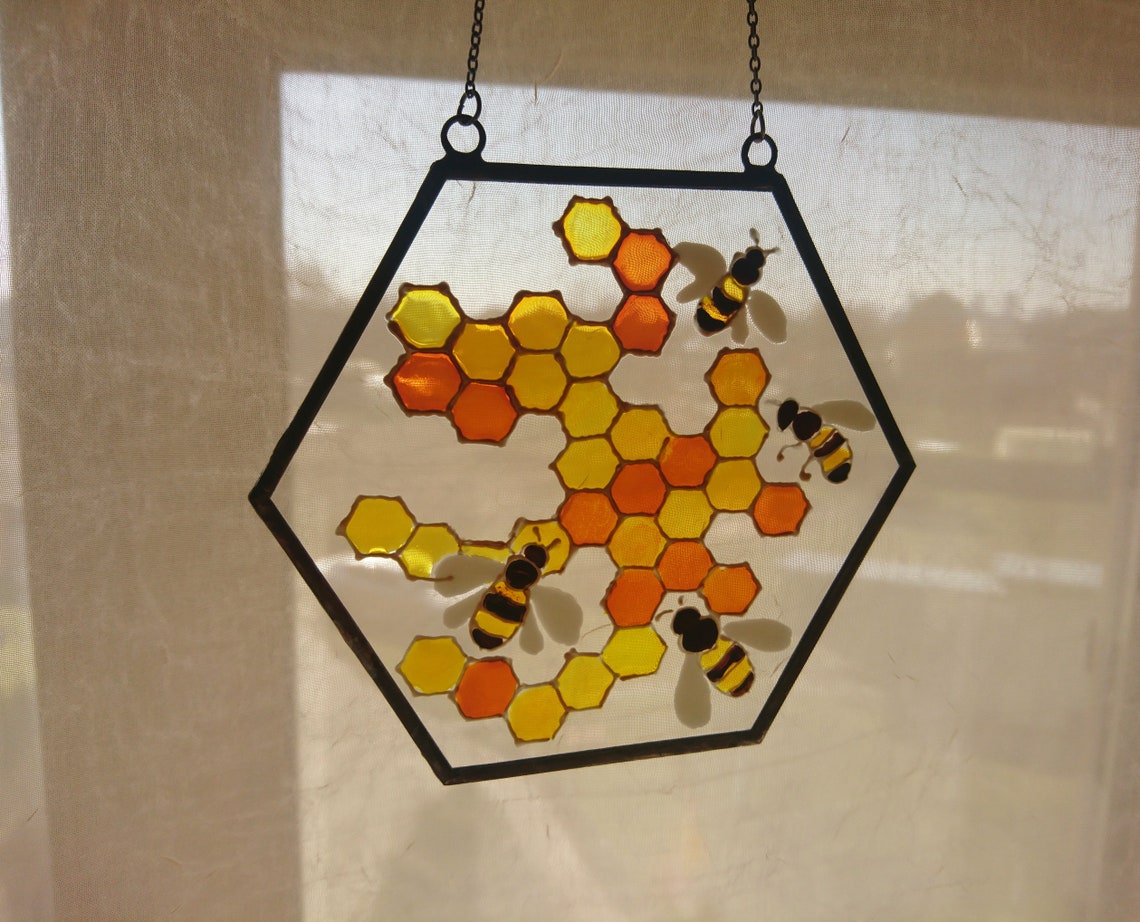 Bee Honeycomb Suncatcher. Hand Painted on glass. Bee Stained | Etsy