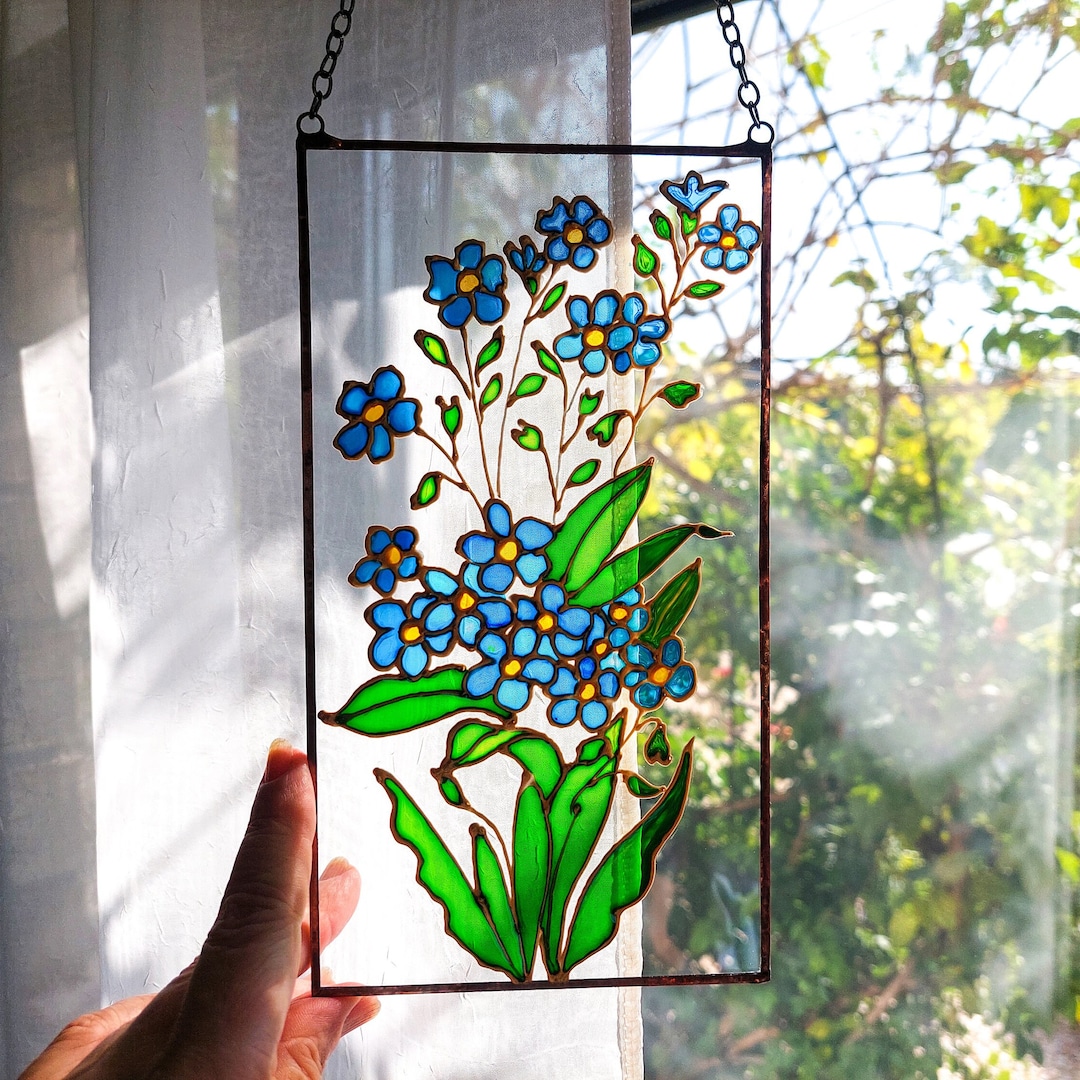 Forget Me Nots Hand Painted Stained Glass Suncatcher Wildflower Window