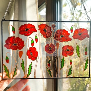 Poppies Stained Glass Hand Painted Window Hanging. Wildflower ...