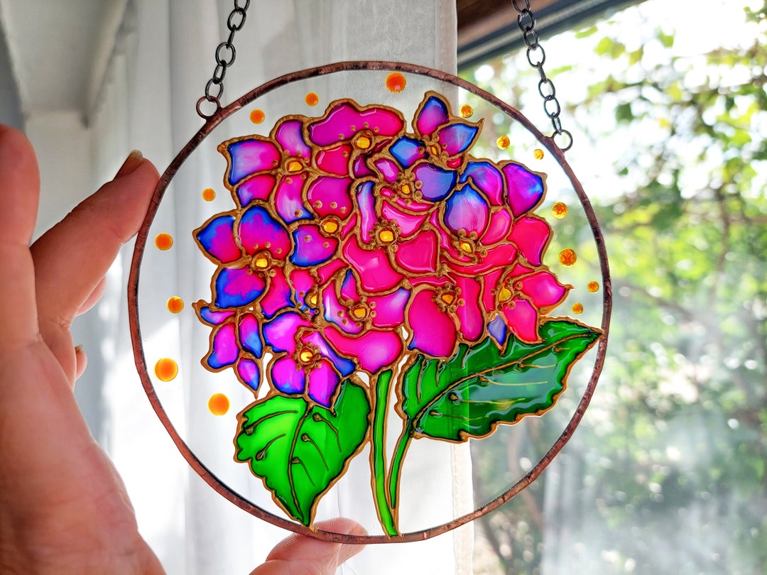 Hydrangea Stained Glass Window Hanging. Stained Glass Hand Painting ...