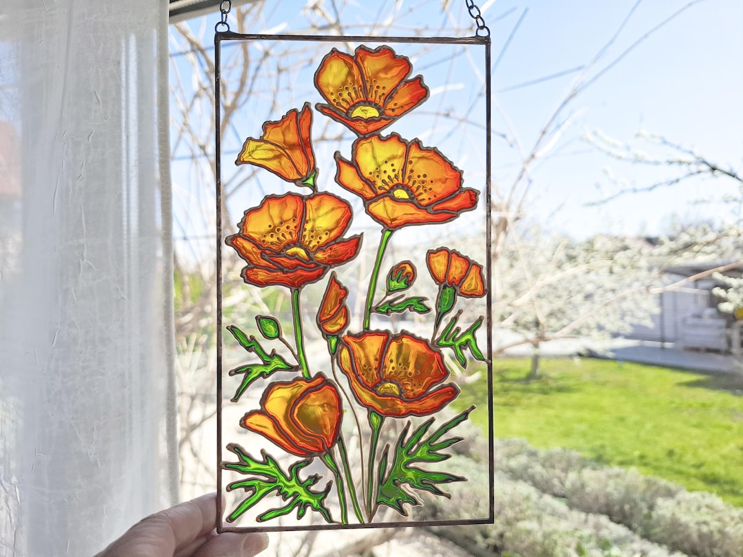 Hand-painted California Poppy Stained Glass Suncatcher: Floral Window ...