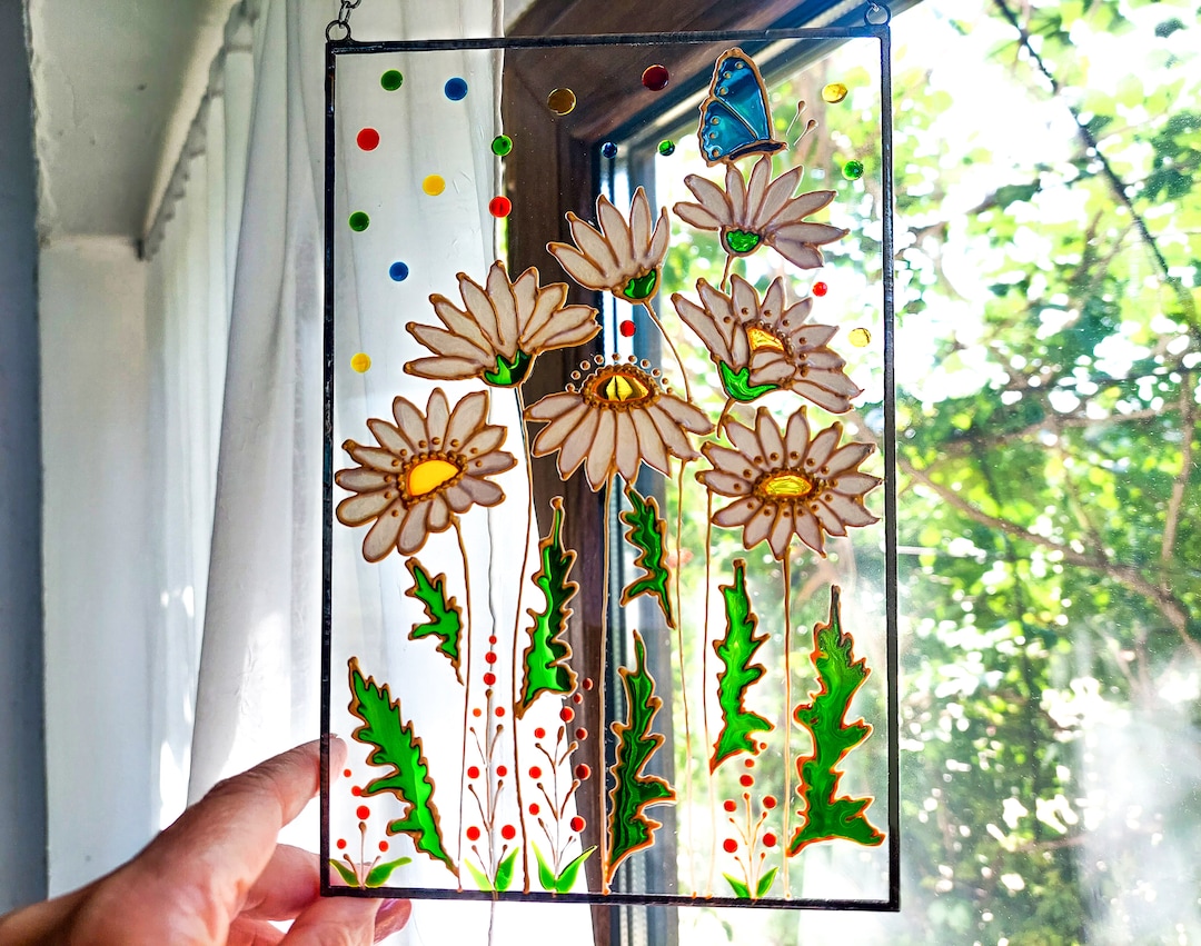 Daisies and Poppies Sun Catchers. Stained Glass Window Hangings. Hand ...