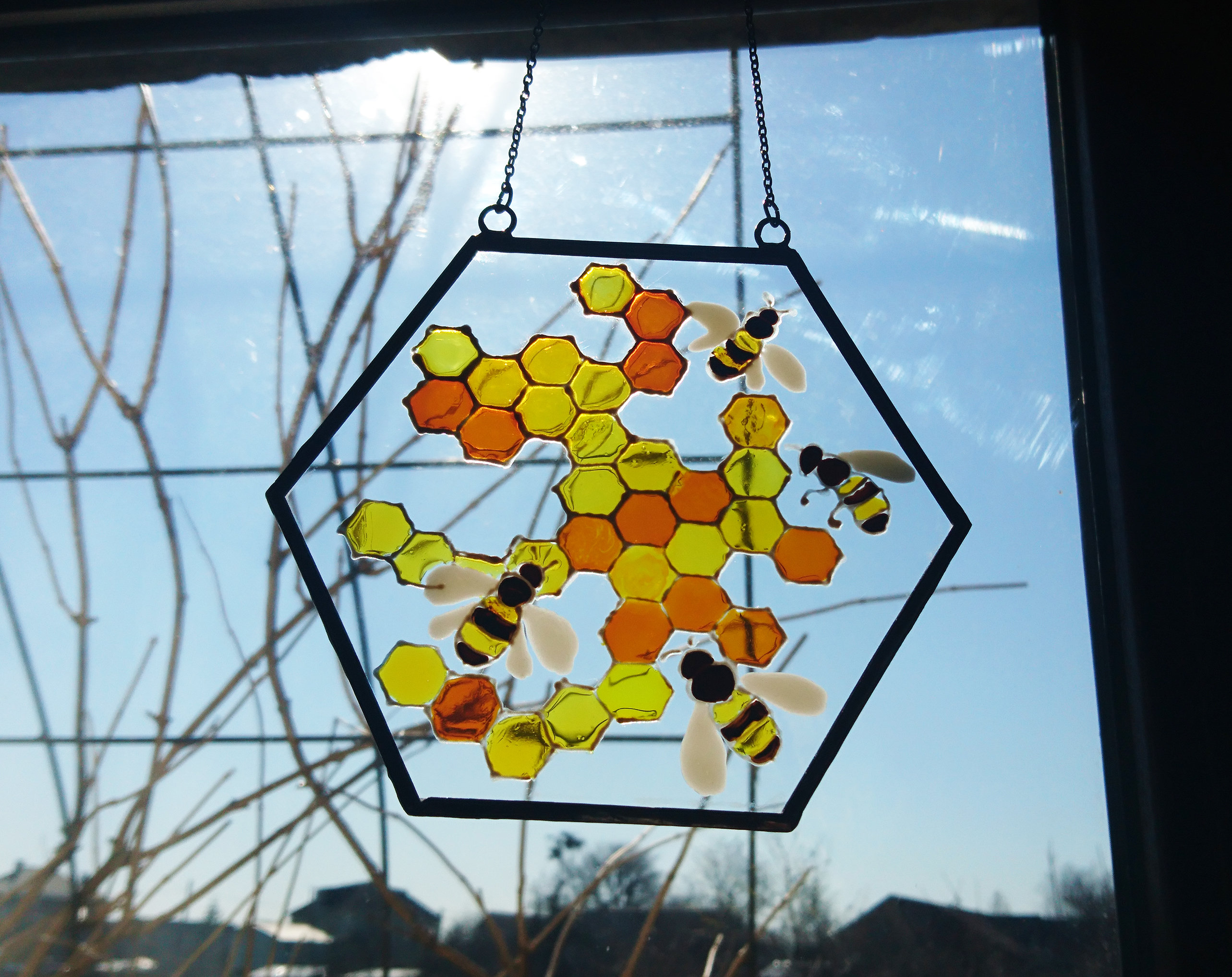 Bee Honeycomb Suncatcher. Hand Painted on glass. Bee Stained | Etsy