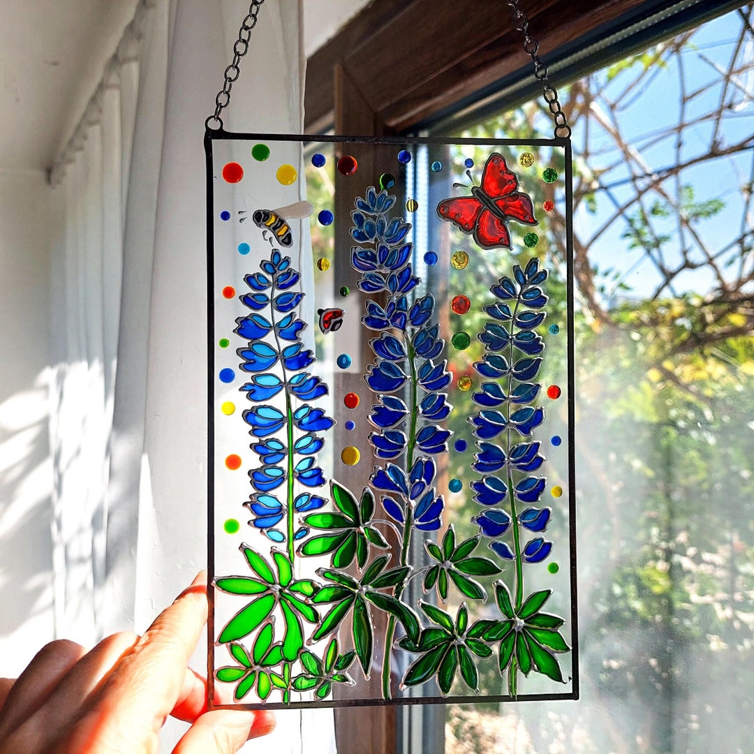 Texas Bluebonnet Stained Glass Suncatcher. Hand Painted Wildflowers ...