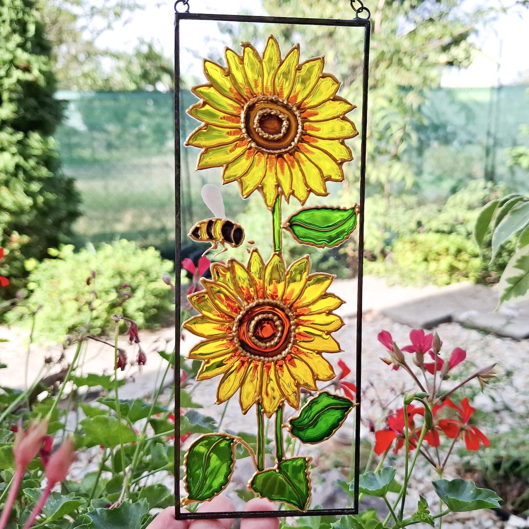 Sunflowers and Bee Stained Glass Window Hanging. Hand Painting Sun ...