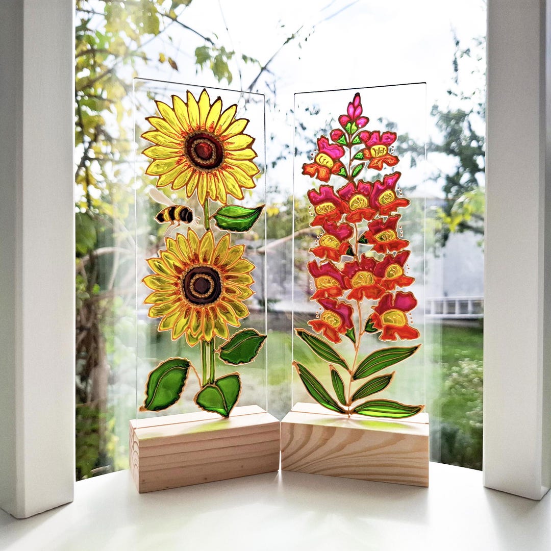 Snapdragon and Sunflower Suncatchers on a Wooden Stand. Hand-painted ...