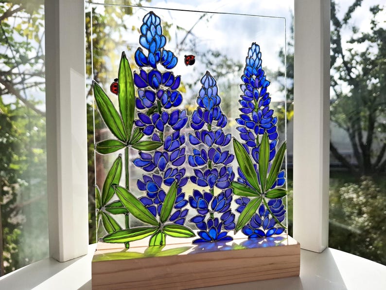 Hand-painted Bluebonnet Stained Glass Suncatcher - Texas Wildflower ...