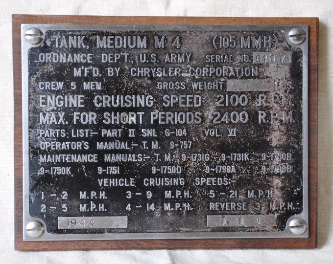 WW2 Sherman M4 Medium Tank Data Plate 1944 - Etsy