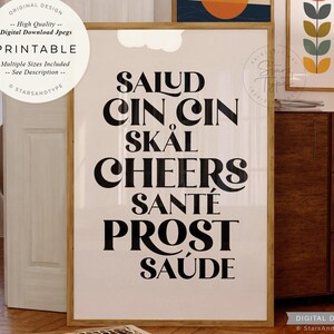 Cheers Different Languages PRINTABLE Art, Bar Cart Drinks Trolley Sign, Alcohol Drinks Party ...