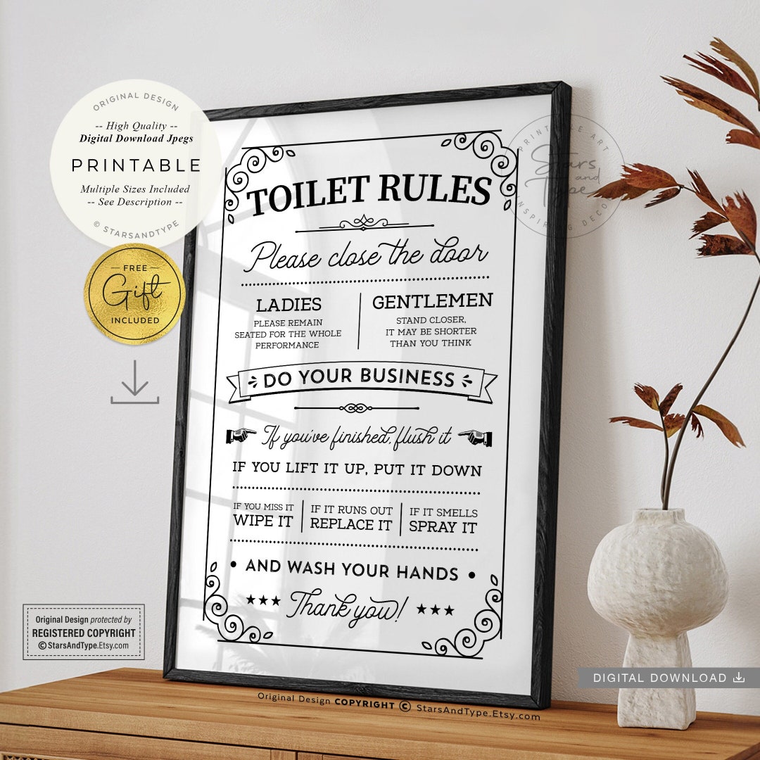 Toilet Rules, PRINTABLE Wall Art, Above Toilet Loo Sign, Fun Retro ...