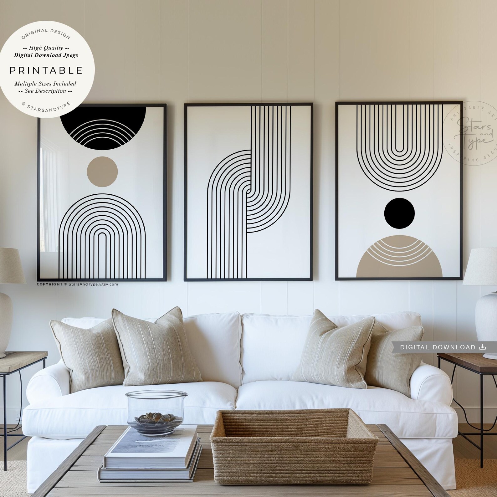 Geometric Arches, PRINTABLES Set of 3, Black White Beige Neutral ...