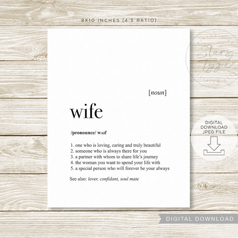 Wife Definition PRINTABLE Art Decor Dictonary Meaning | Etsy
