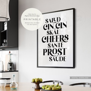 Cheers Different Languages PRINTABLE Art, Bar Cart Drinks Trolley Sign, Alcohol Drinks Party ...