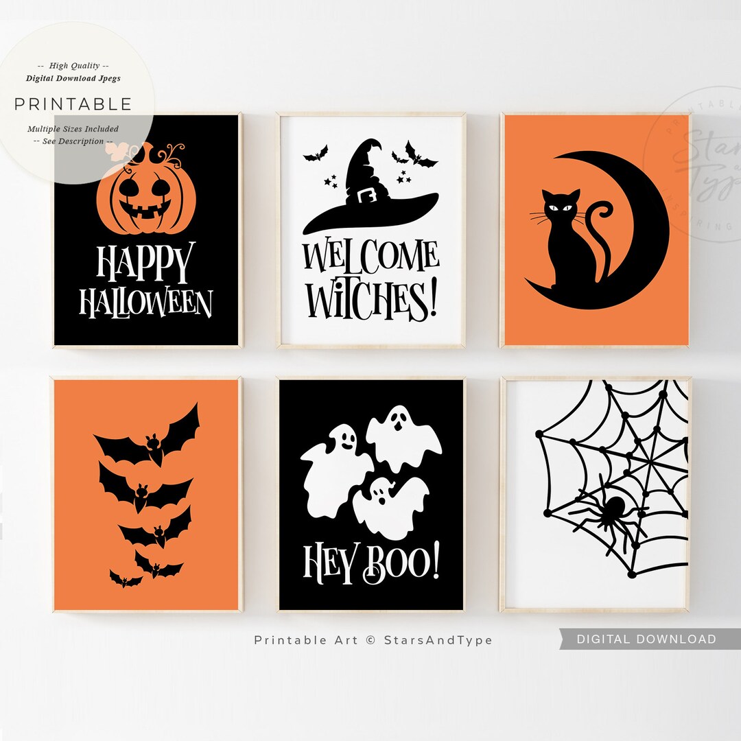 Halloween Set of 6 Art PRINTABLES, Black Cat Moon Bats Spider Pumpkin ...