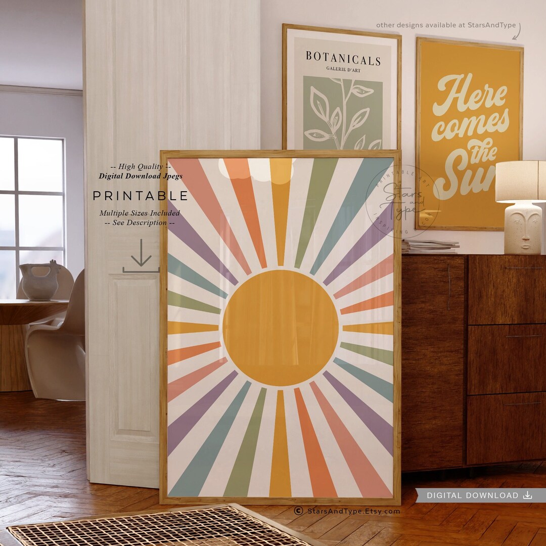 Boho Retro Sun, PRINTABLE Wall Art, Vintage Muted Rainbow Colors ...