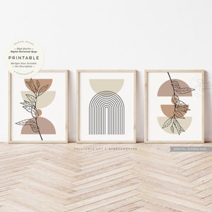 Boho Abstract Leaf Art, PRINTABLES Set of 3, Geometric Neutral Brown ...