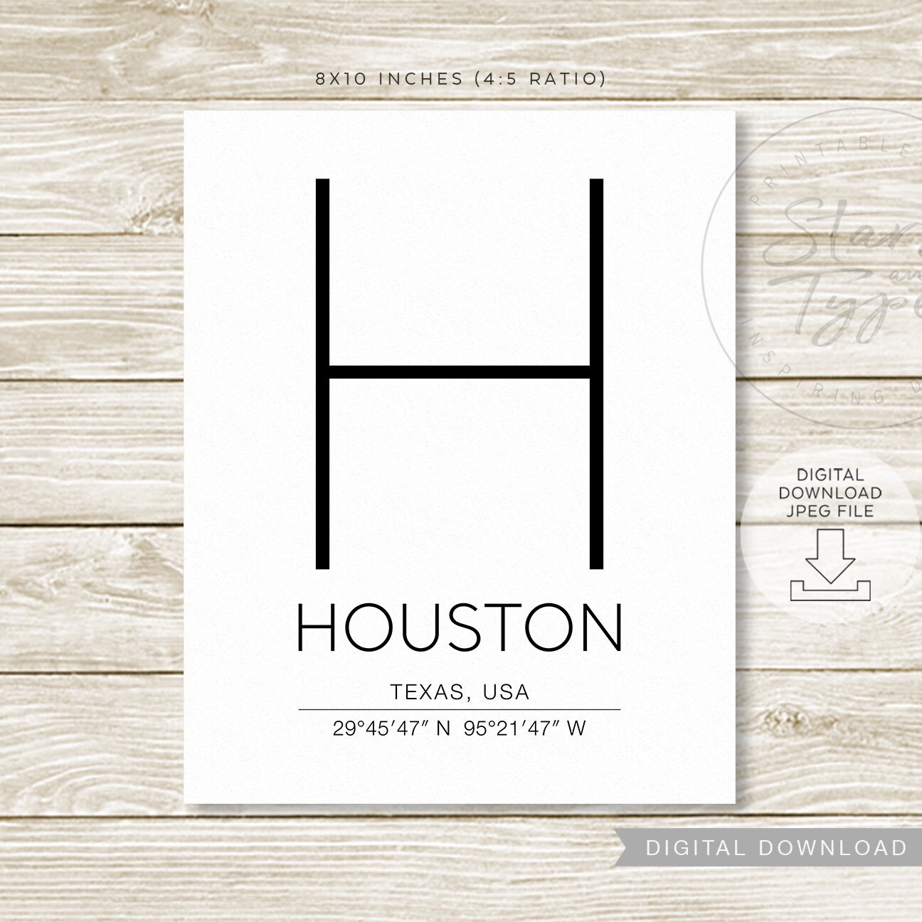 Houston Texas USA City Name Map Coordinates PRINTABLE Wall | Etsy UK