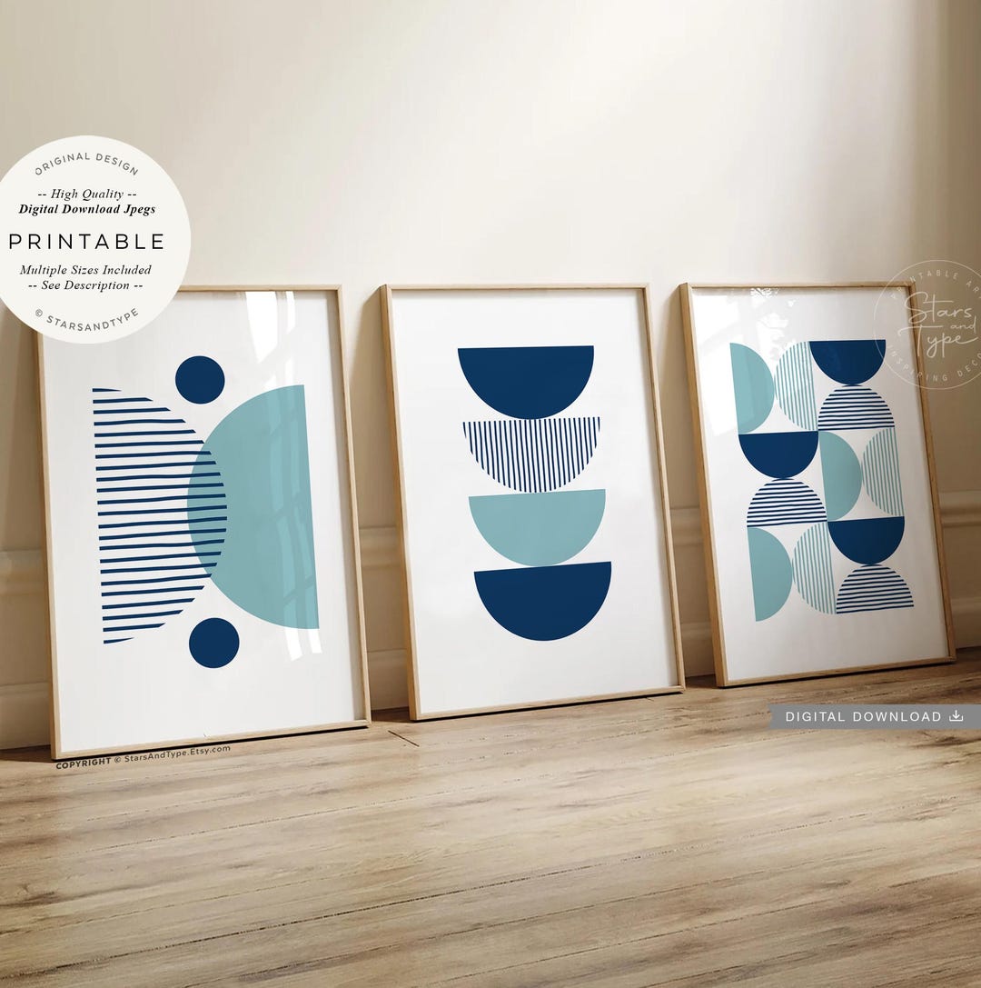 Geometric Shapes PRINTABLES Set, Navy Mid Century Abstract Art, Digital ...