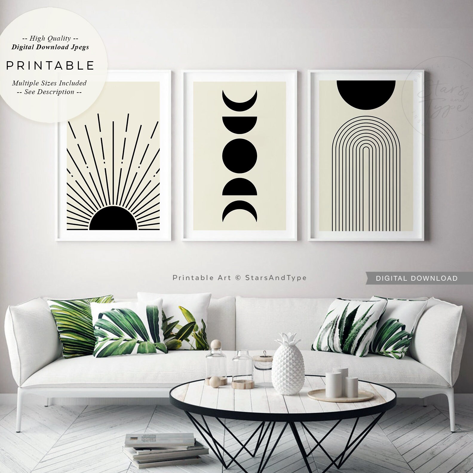 Geometric Boho Arch Sun Moon Phases PRINTABLES Set of 3 Mid | Etsy