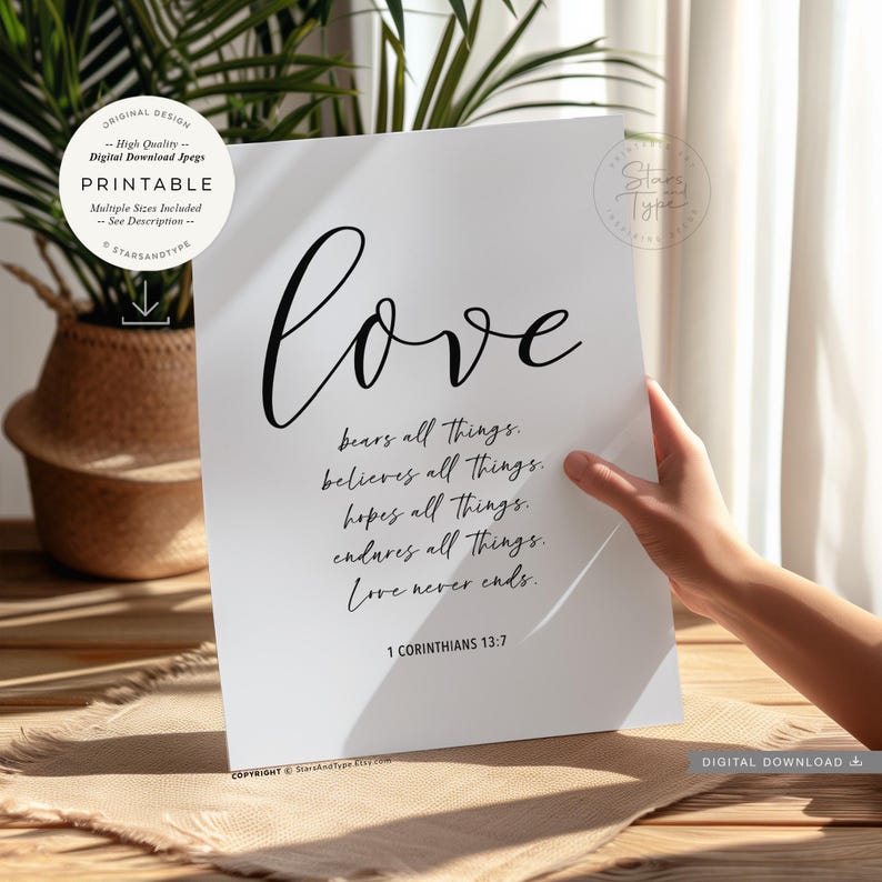 Love Bears All Things, PRINTABLE Art, 1 Corinthians 13:7, Digital ...