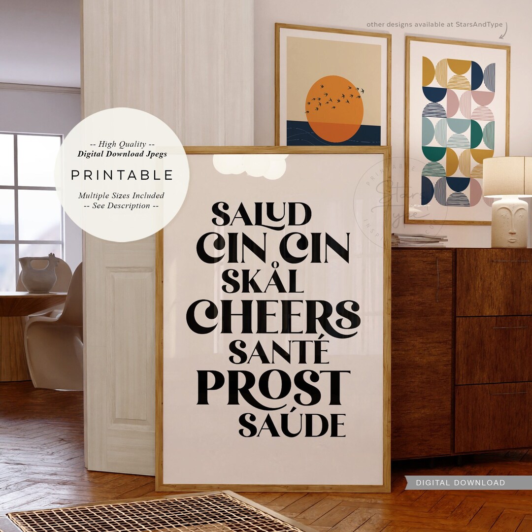 Cheers Different Languages PRINTABLE Art, Bar Cart Drinks Trolley Sign, Alcohol Drinks Party ...