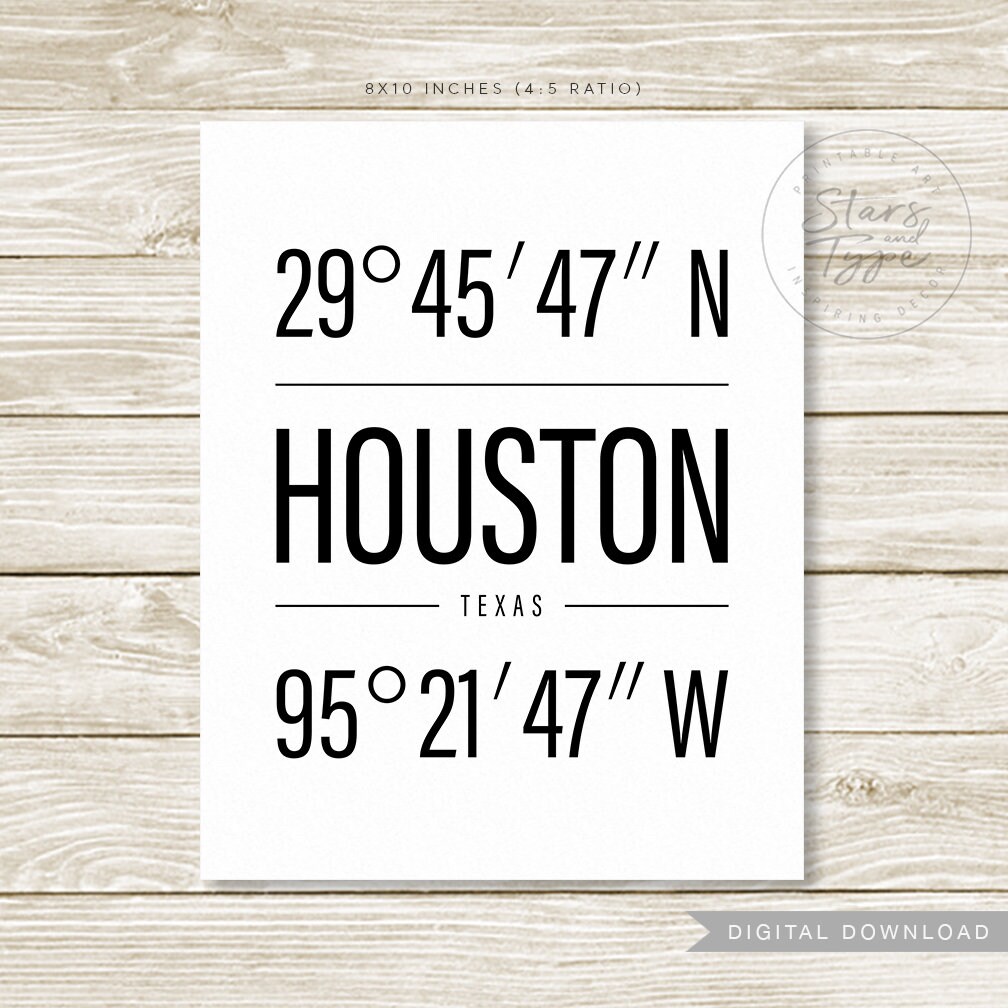 Houston Texas USA City Name Map Coordinates PRINTABLE Wall | Etsy UK