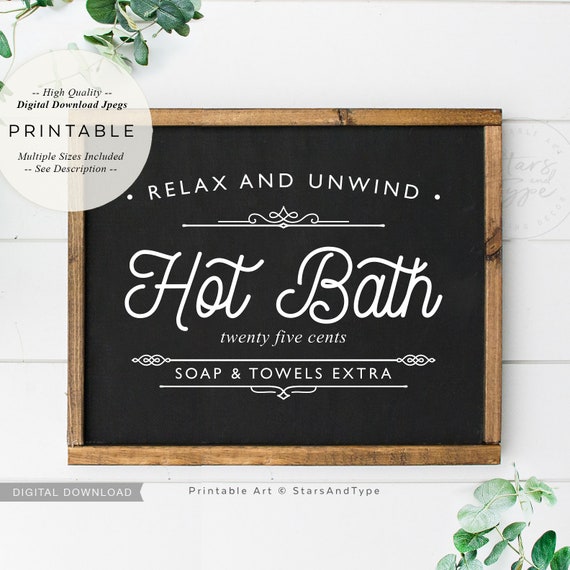Hot Bath PRINTABLE Art Bathroom Decor Vintage Style Sign | Etsy