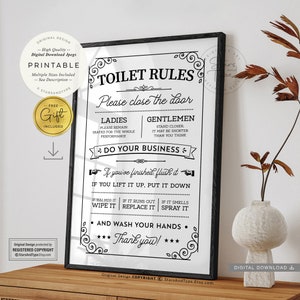 Toilet Rules, PRINTABLE Wall Art, Above Toilet Loo Sign, Fun Retro ...