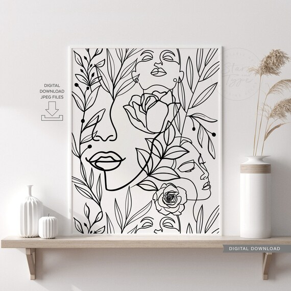 Abstract Female Faces PRINTABLE Art Leaves and Flowers - Etsy