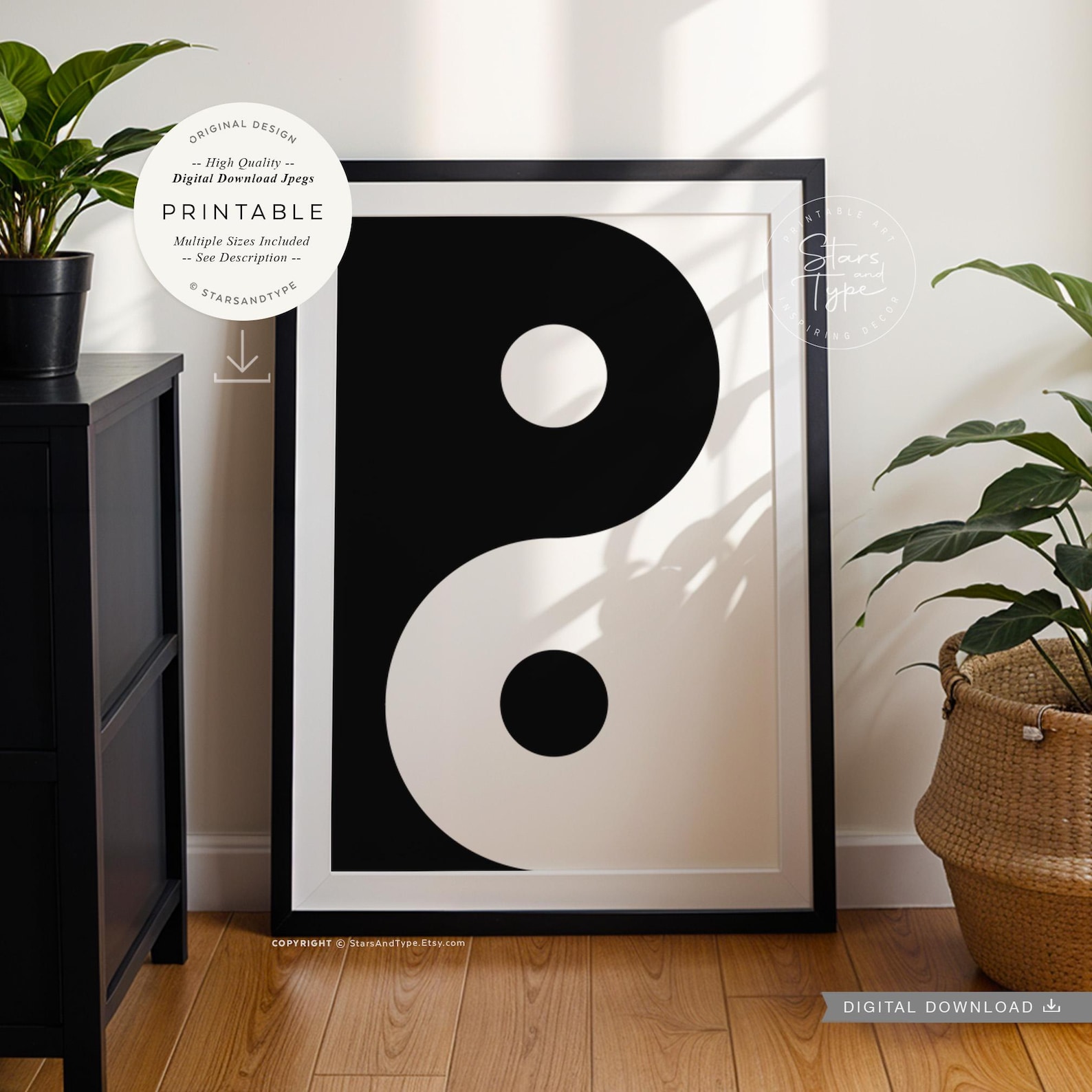 Ying Yang PRINTABLE Wall Art, Black White Boho Minimalist Decor ...