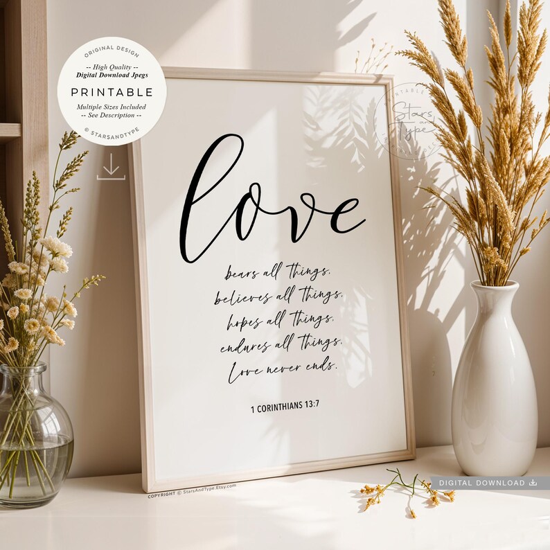 Love Bears All Things, PRINTABLE Art, 1 Corinthians 13:7, Digital ...