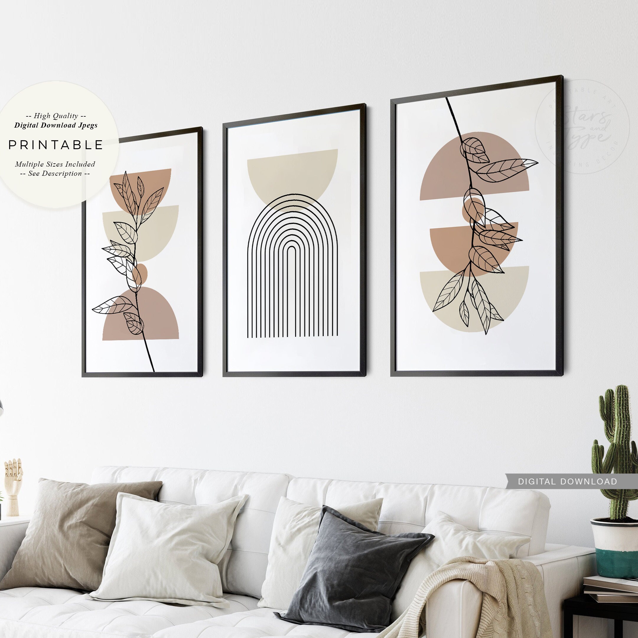 Boho Abstract Leaf Art PRINTABLES Set of 3 Geometric Neutral - Etsy