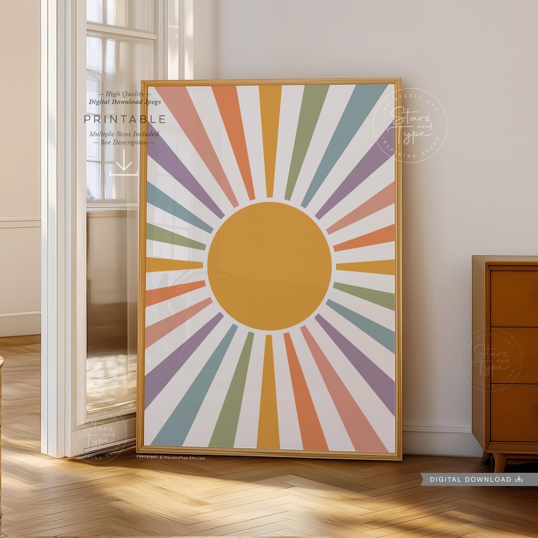 Boho Retro Sun, PRINTABLE Wall Art, Vintage Muted Rainbow Colors ...