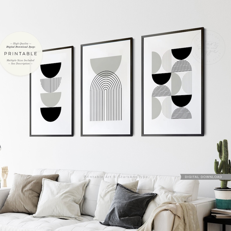 Black Gray Geometric Shapes PRINTABLES Set of 3 Semi Circles - Etsy